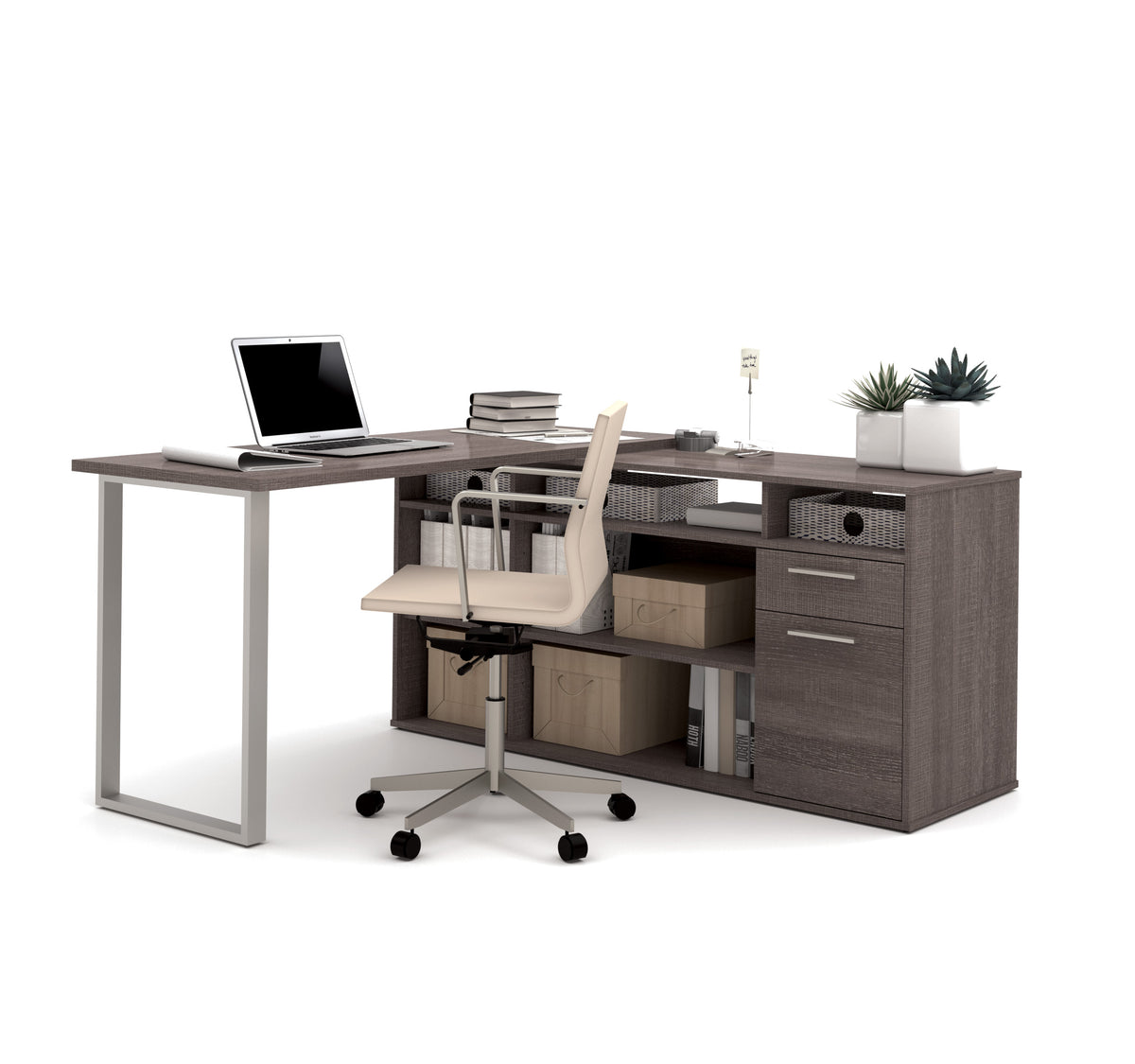 Three Part Set: L-Shaped Desk, Lateral File, & Bookcase in Bark Gray ...
