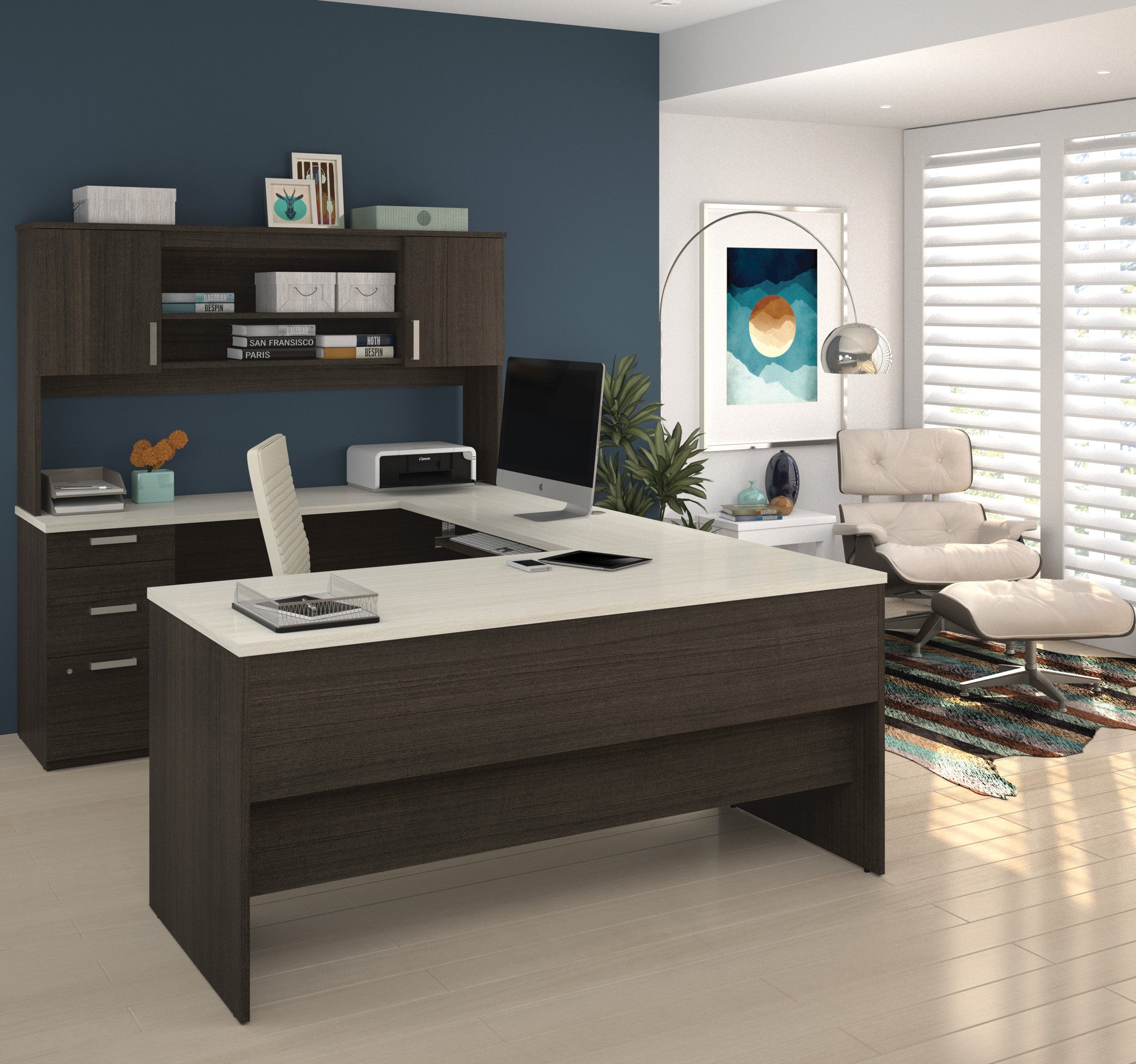 Dark Chocolate White Modern U shaped Office Desk ComputerDesk